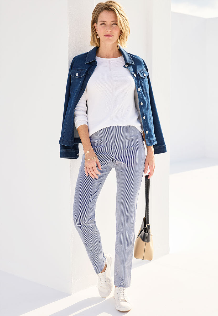 Chloe Easy Fit Slim Leg Trouser - Navy Stripe Best Seller Hidden ...