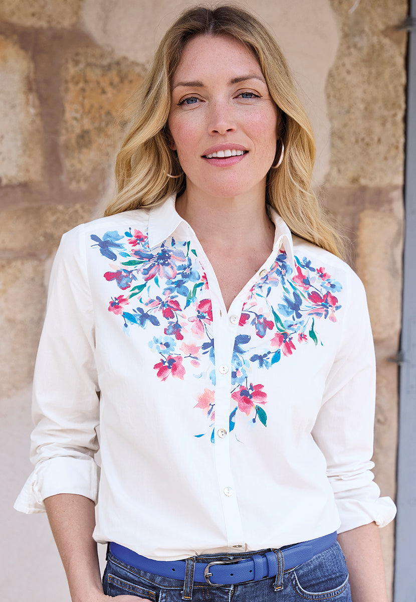 Georgia Long Sleeve Button Through Cotton Shirt - Sevilla Print – Bella ...