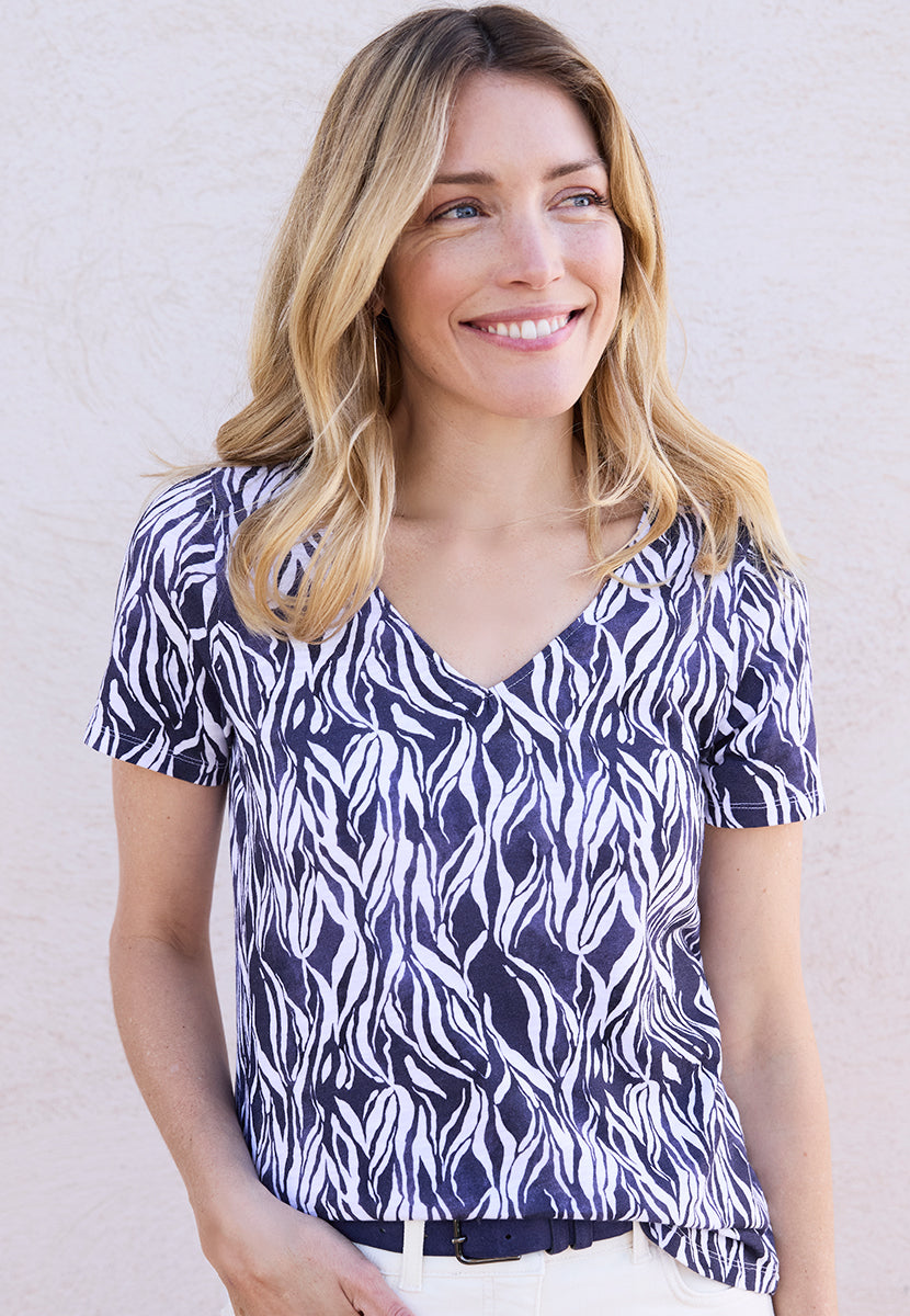 Jody Short Sleeve V-Neck Cotton Top - Navy – Bella di Notte